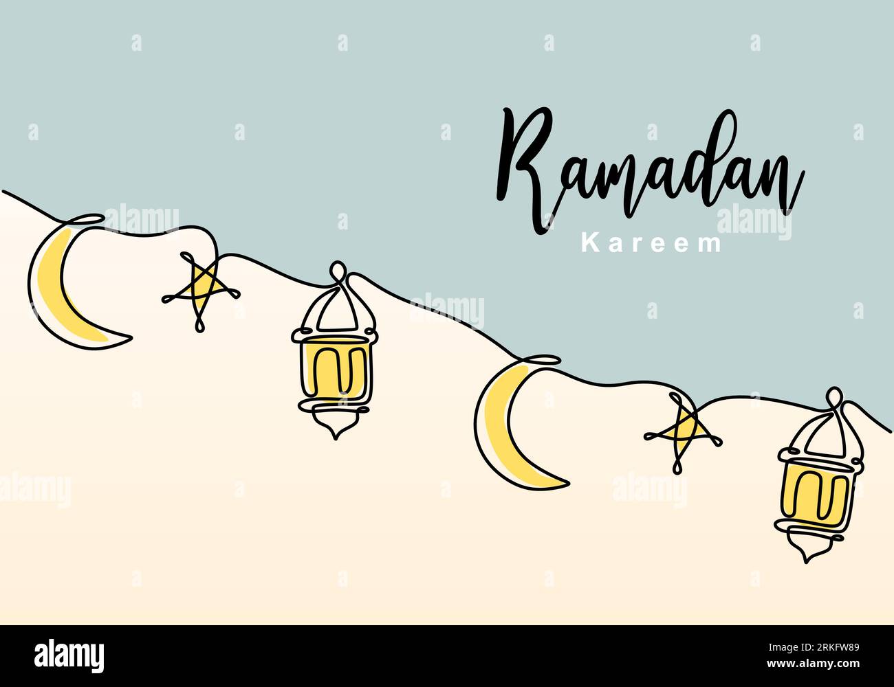 Continuous line drawing of islamic decoration with lantern, star, and ...