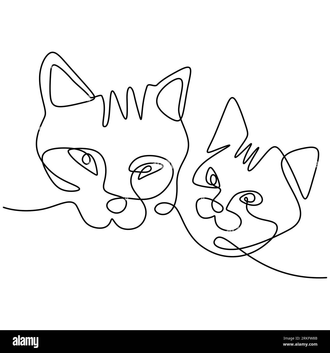 Continuous One Line Drawing Of Cat Face Couple Two Cute Kitten Head Minimalist Art Isolated On