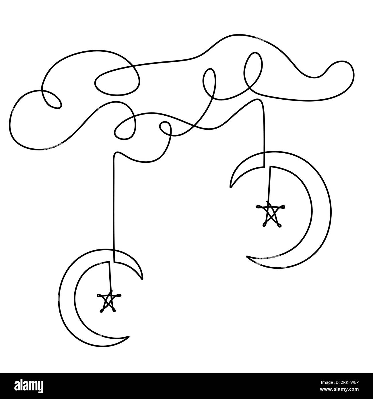 One single line drawing of hanging crescent moon and star in clouds ...
