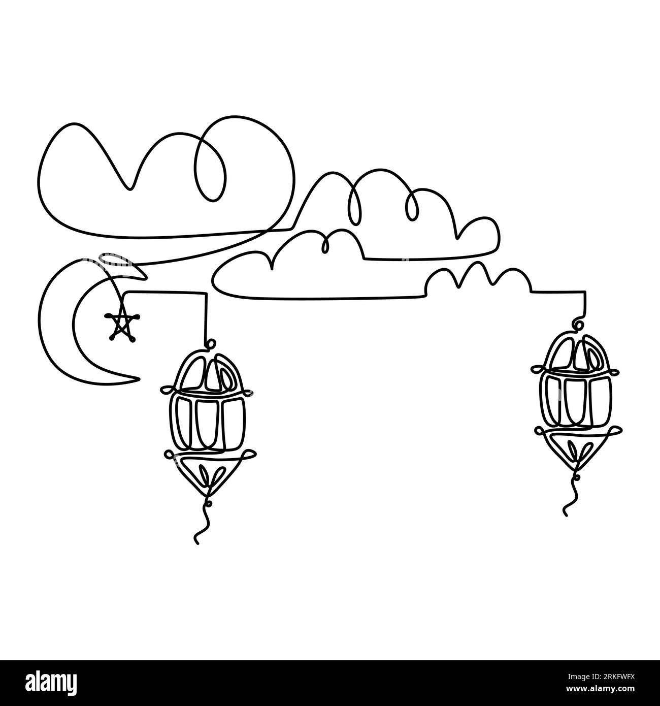 One continuous line drawing of islamic ornament with lantern, star ...