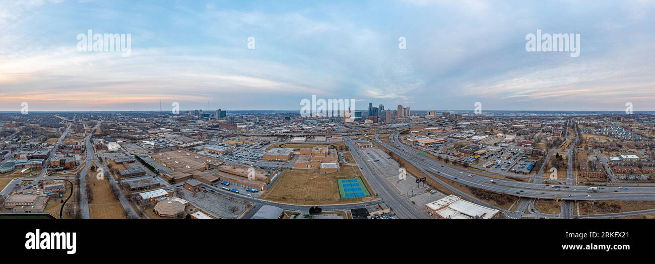 An aerial panoramic view of the skyline of Kansas City during sunrise ...
