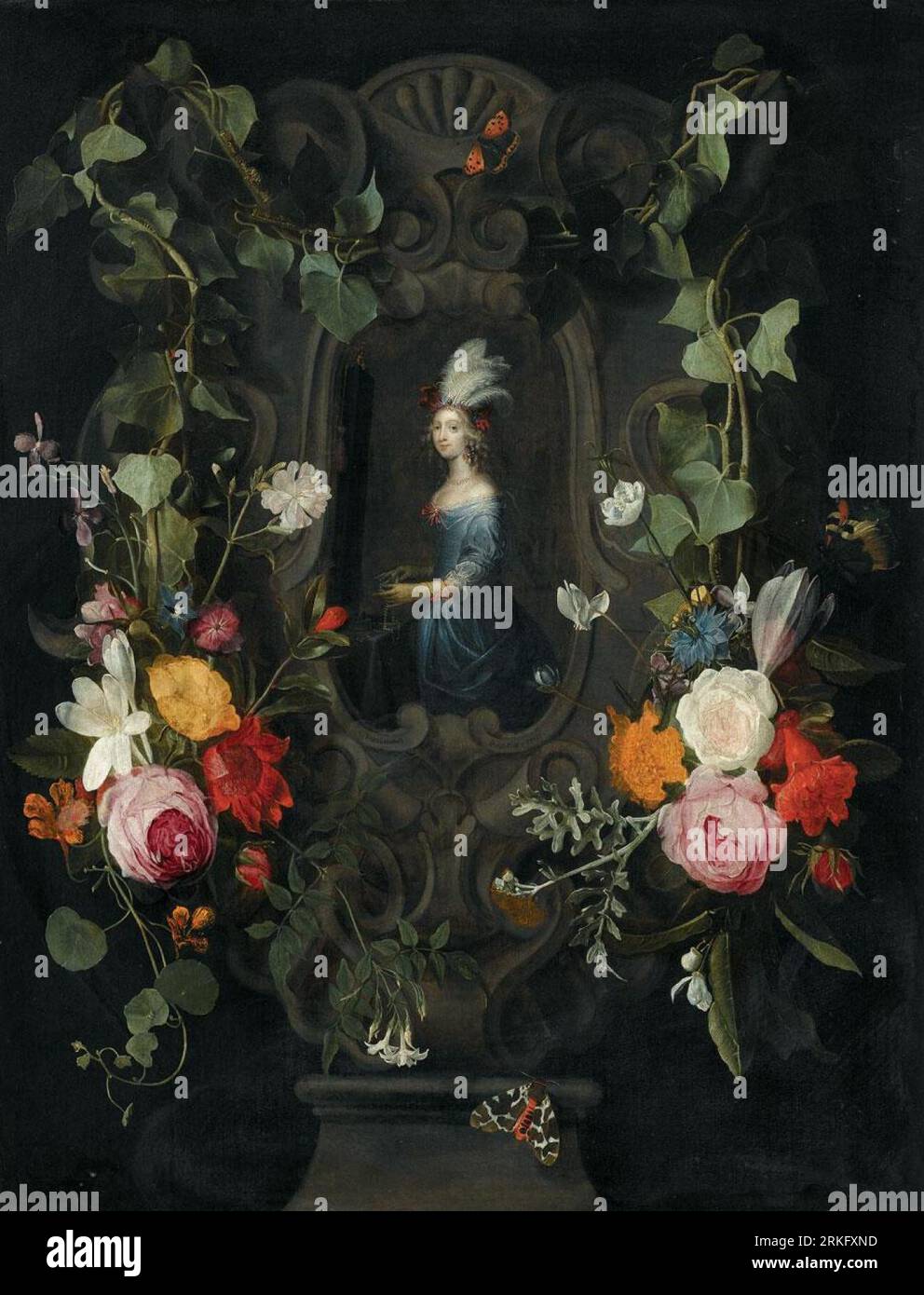 A garland of mixed flowers adorning a stone cartouche surrounding an ... A garland of mixed flowers adorning a stone cartouche surrounding an ...