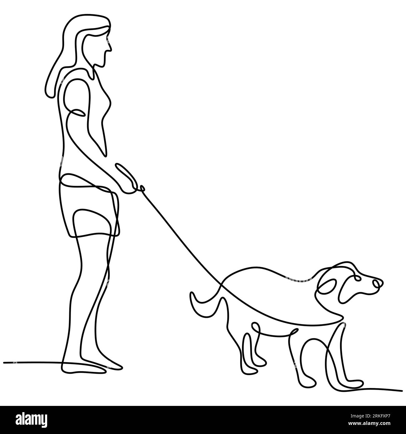 Continuous line drawing of woman happy pet lover with dog. Young female ...