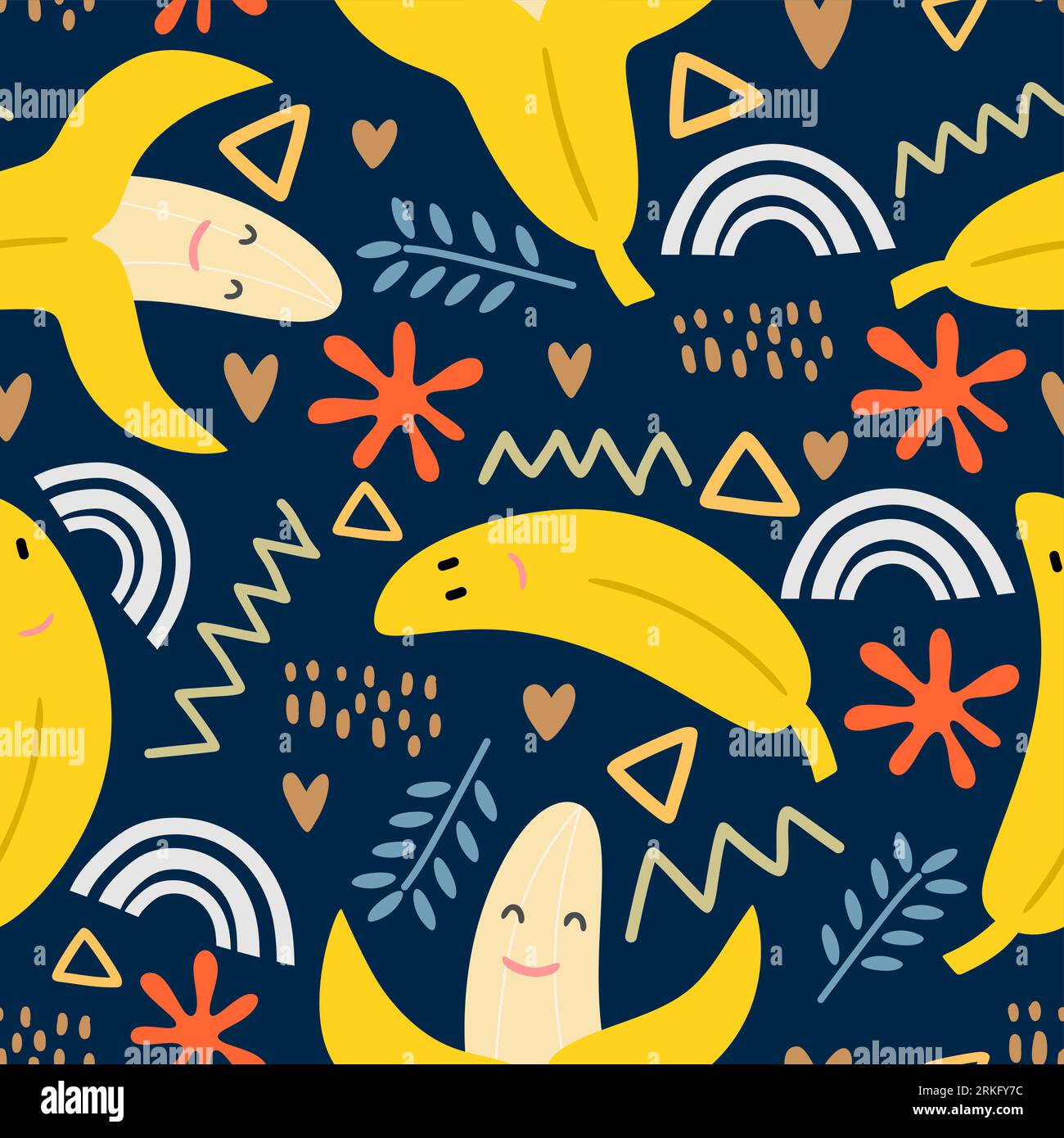 Vector seamless pattern of smiling fresh yellow bananas on a gentle ...