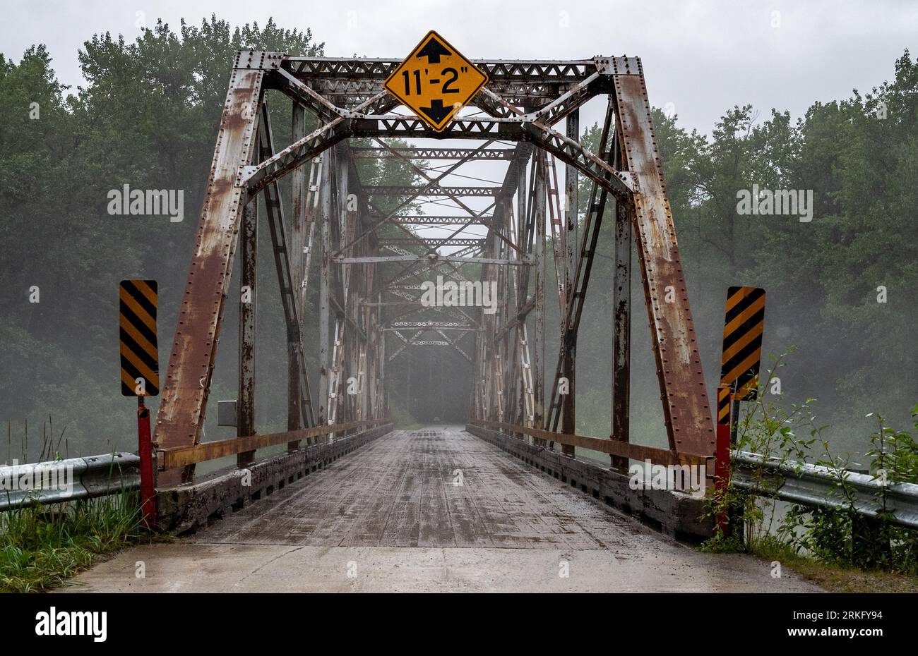 An industrial-style metal bridge spanning a forested landscape with a ...