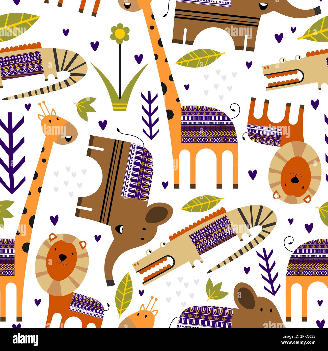 Cute jungle animals with flower, palm leaf, plants seamless pattern ...