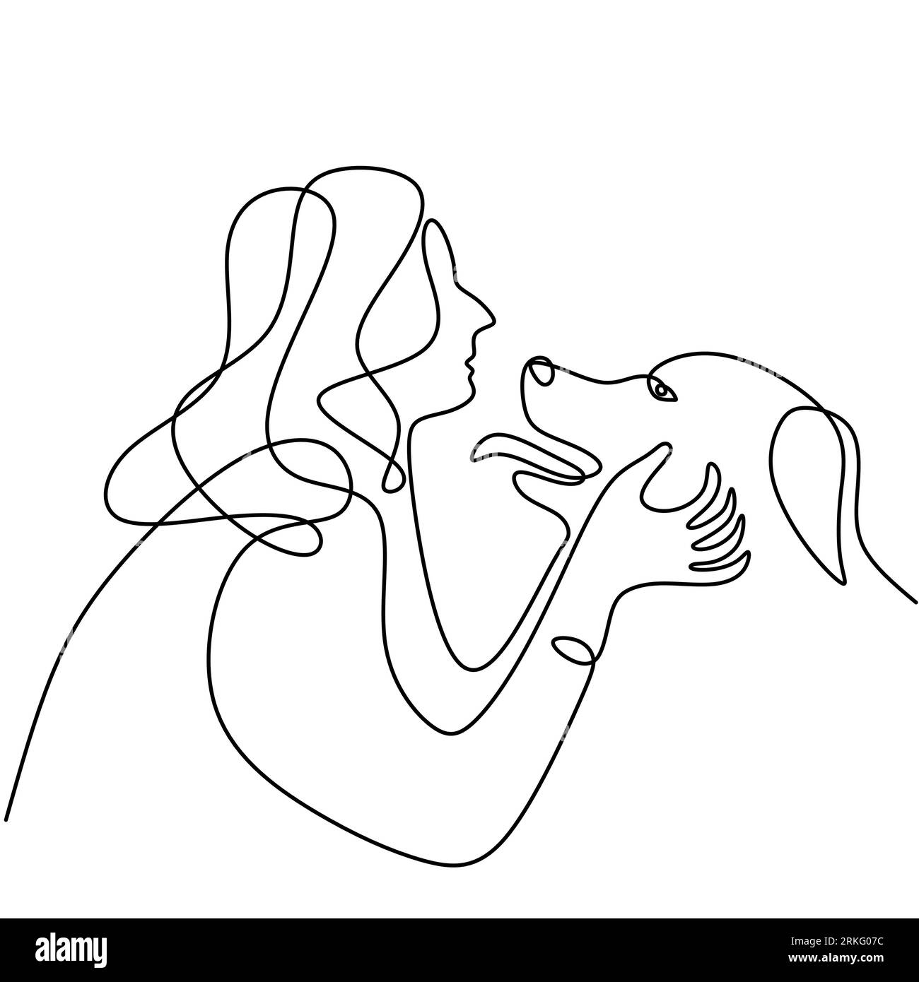 Continuous line drawing of woman happy pet lover with dog. Young female ...