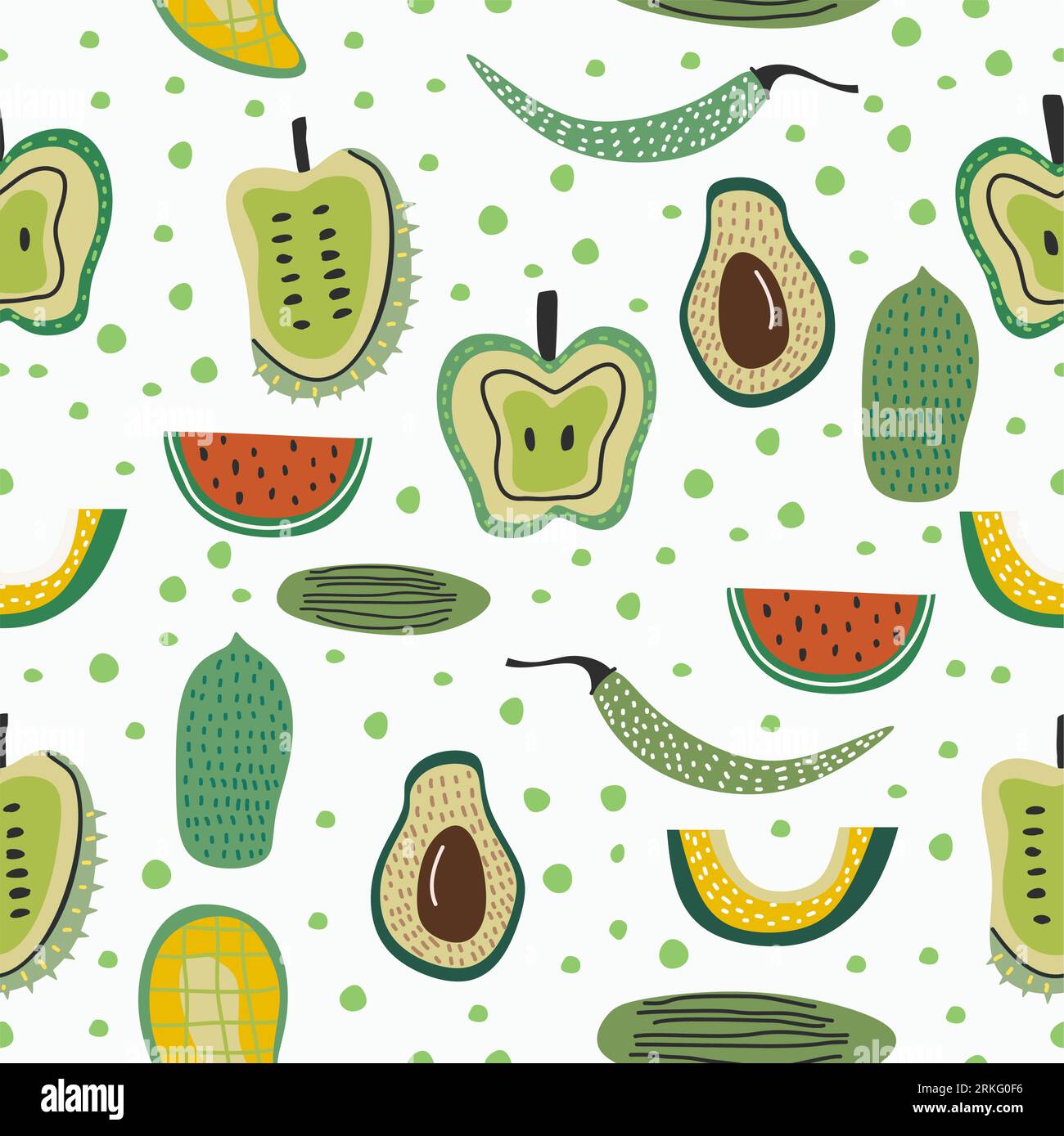 Vector Seamless Fruit Pattern Different Fresh Tropical Fruit Includes