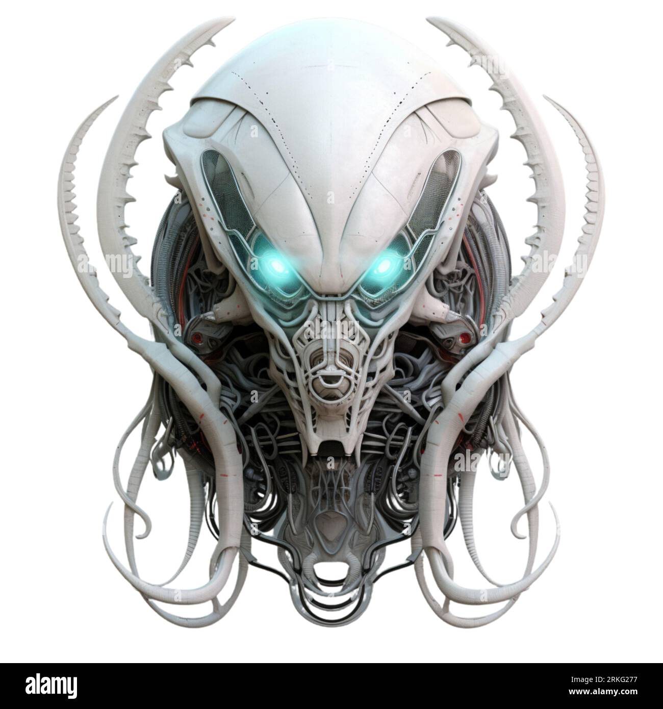 A close-up image of a robotic alien face featuring two long horns on a ...