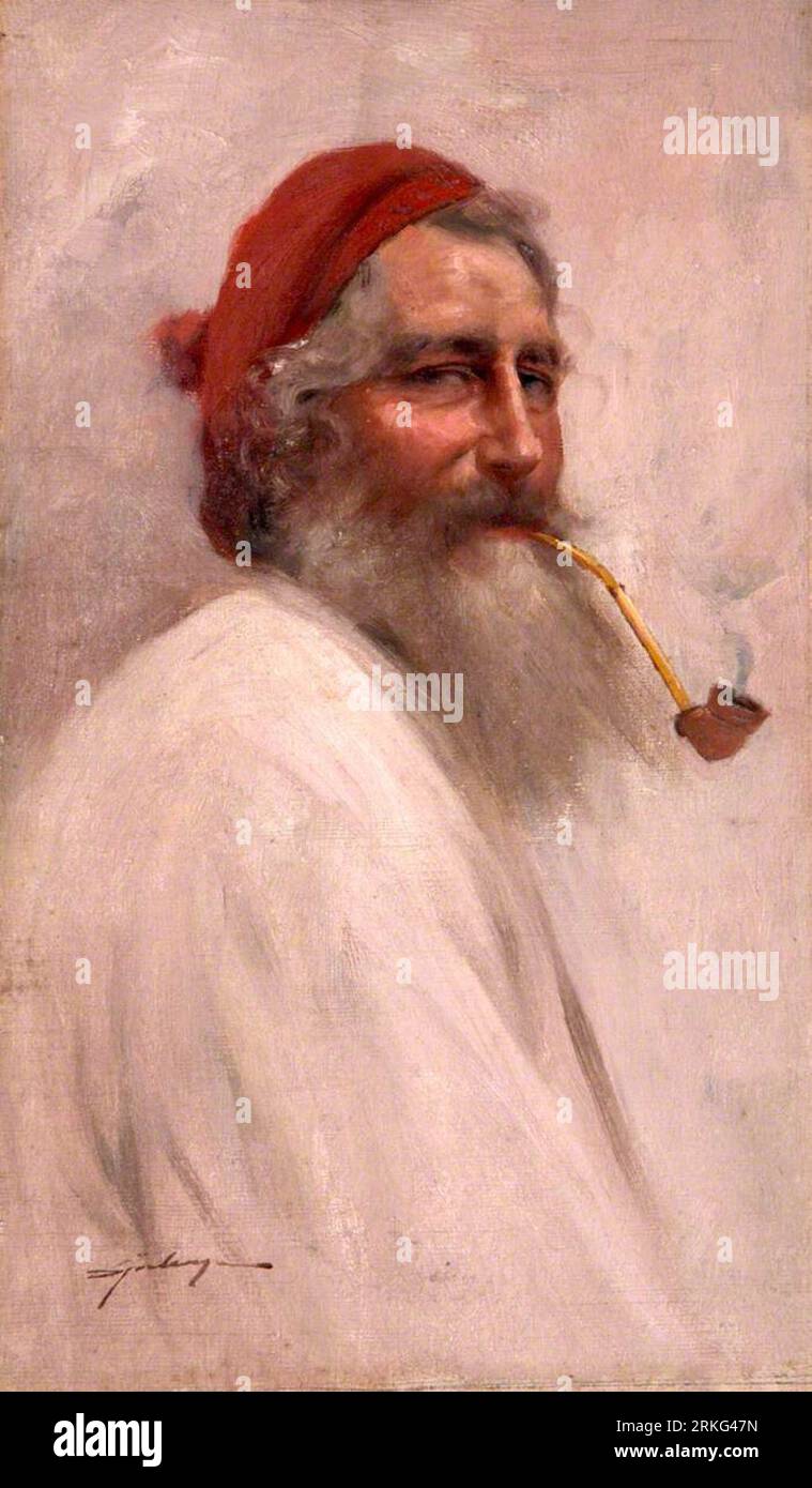 A Head and Shoulders of a Balkan Man in a Red Cap smoking a Pipe ...