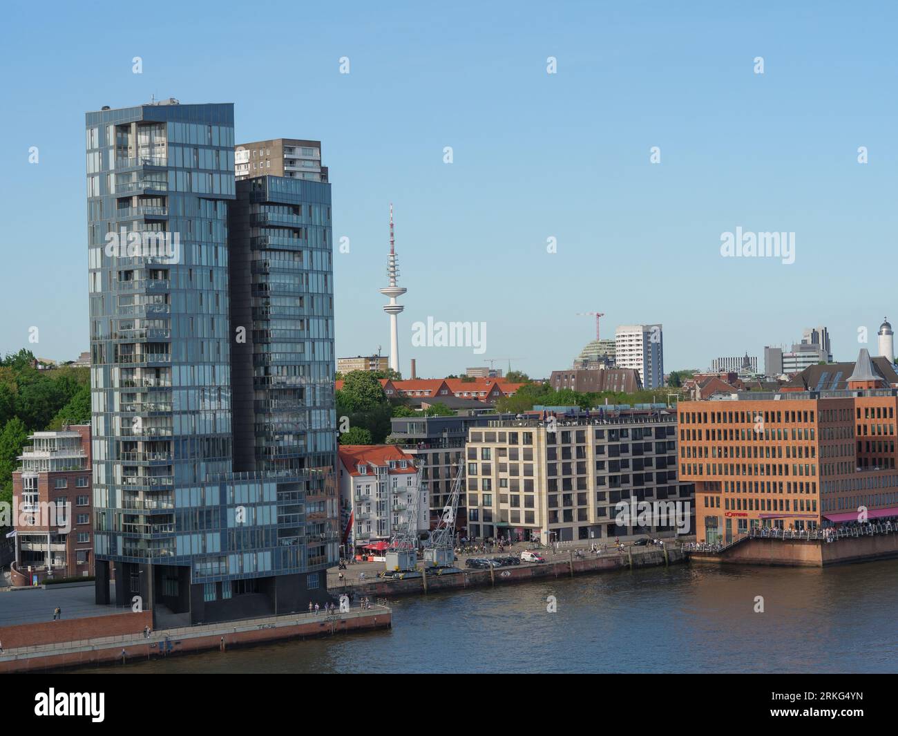 An aerial view of industrial scenery around the River Elbe port in ...