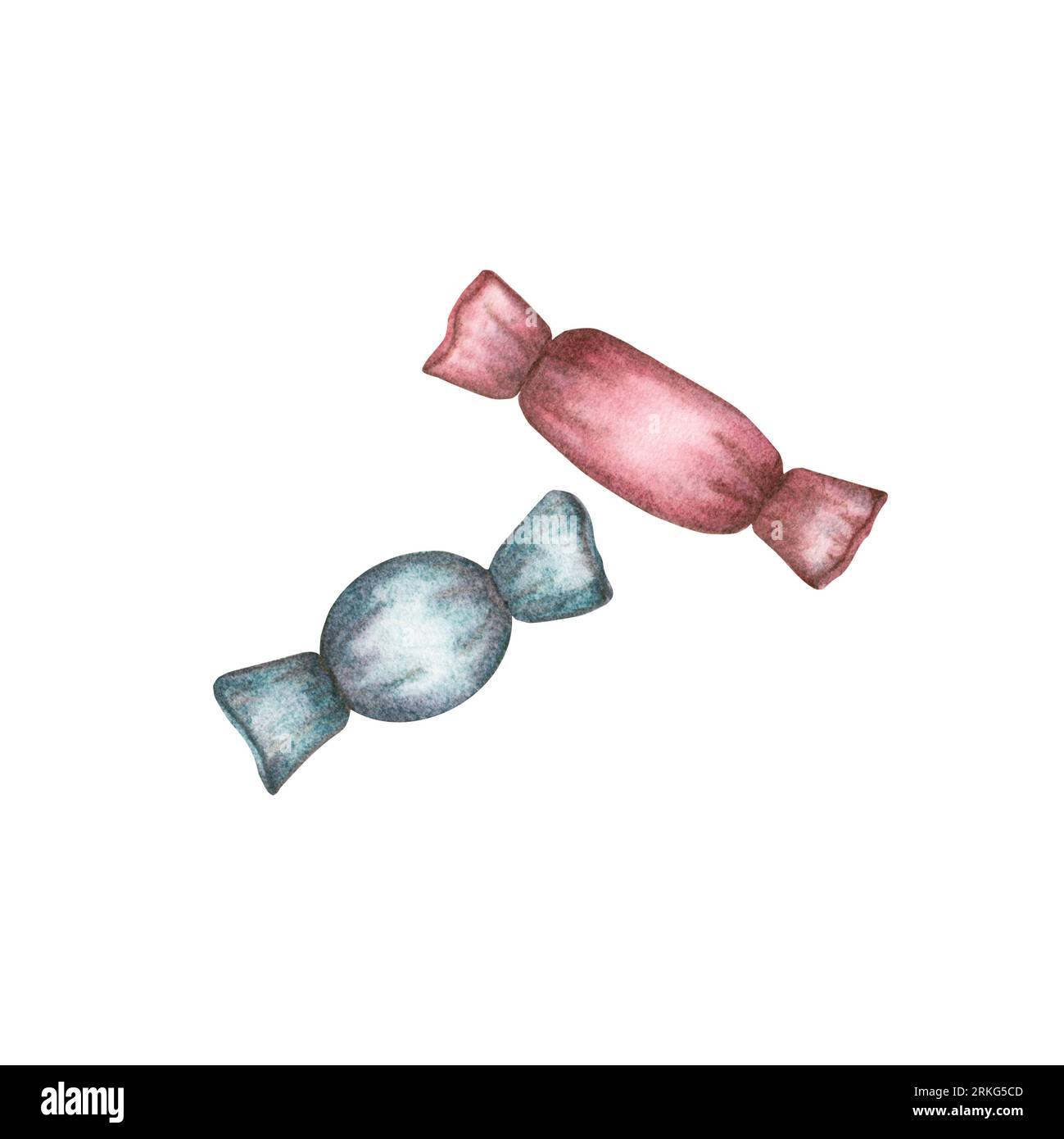 Watercolor candies in blue and pink wrappers isolated on a white ...