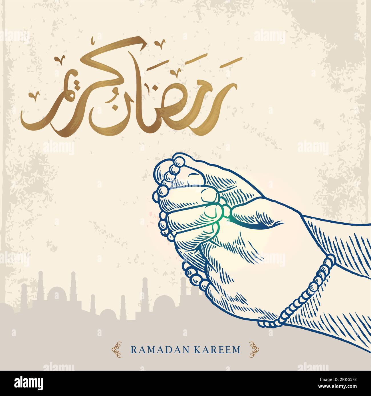 Ramadan Kareem greeting card with blue praying hand sketch and golden ...