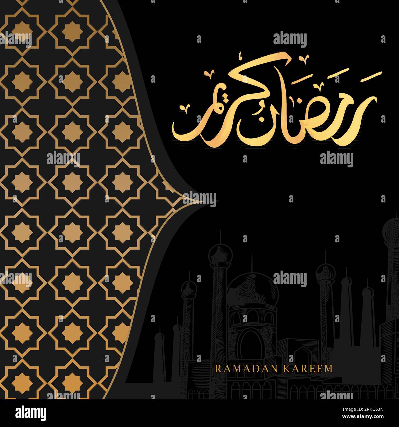 Ramadan Kareem greeting card with mosque and Arabic calligraphy means ...