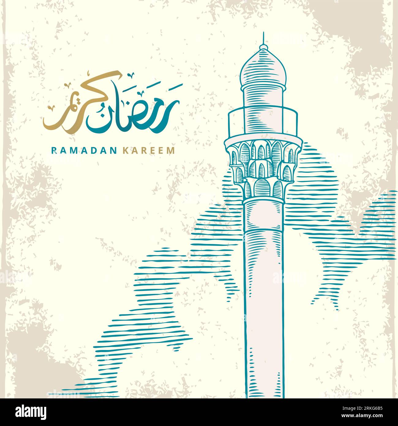 Ramadan Kareem greeting card with blue big mosque tower and sky sketch ...