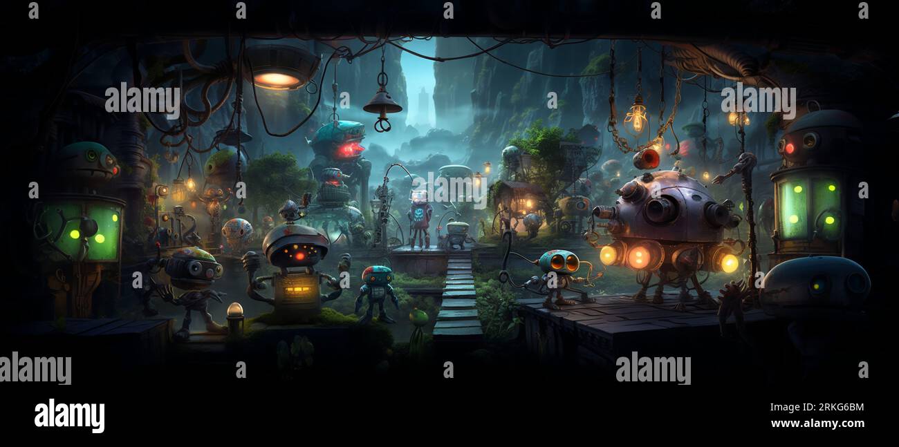 This image features an underground room setting with a vibrant and ...