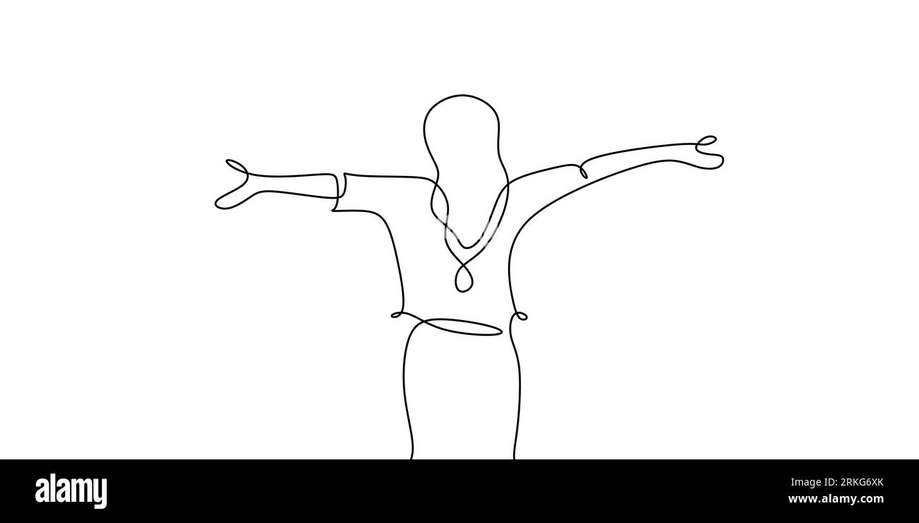 Continuous line art or One Line Drawing of a woman stretching arms is ...