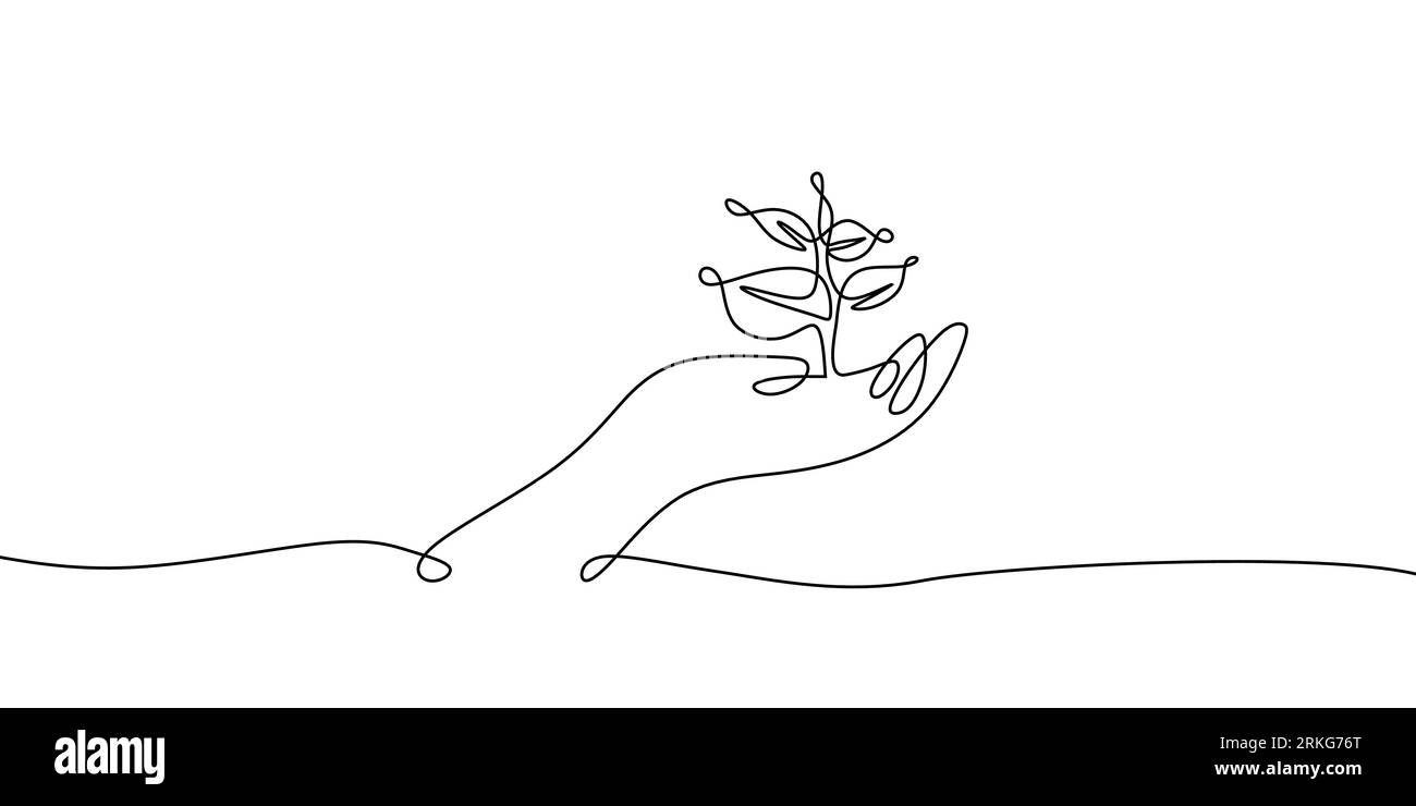Continuous one line drawing of back to nature theme with hand holding a ...