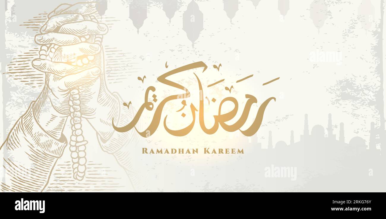 Ramadan Kareem greeting card with big mosque, hand praying sketch and ...