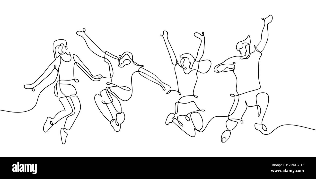 One single continuous line drawing of four jumping happy teen team ...