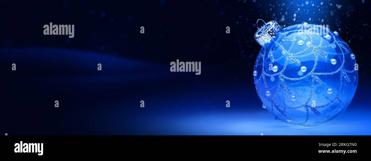 Christmas banner or greeting card design. Christmas tree balls on blue ...