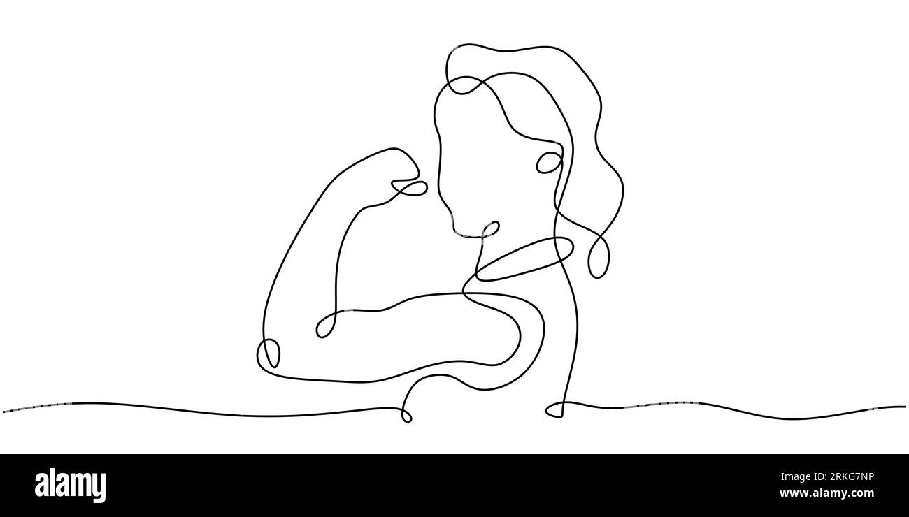 one continuous line drawing of strong woman showing her biceps muscle ...