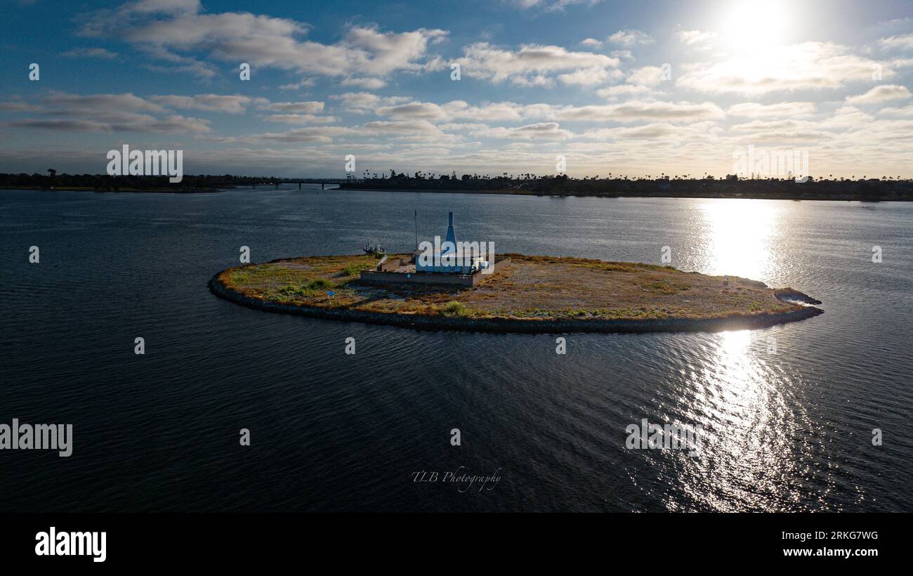 An aerial view of Fiesta Island Beach, San Diego, CA, a small ...