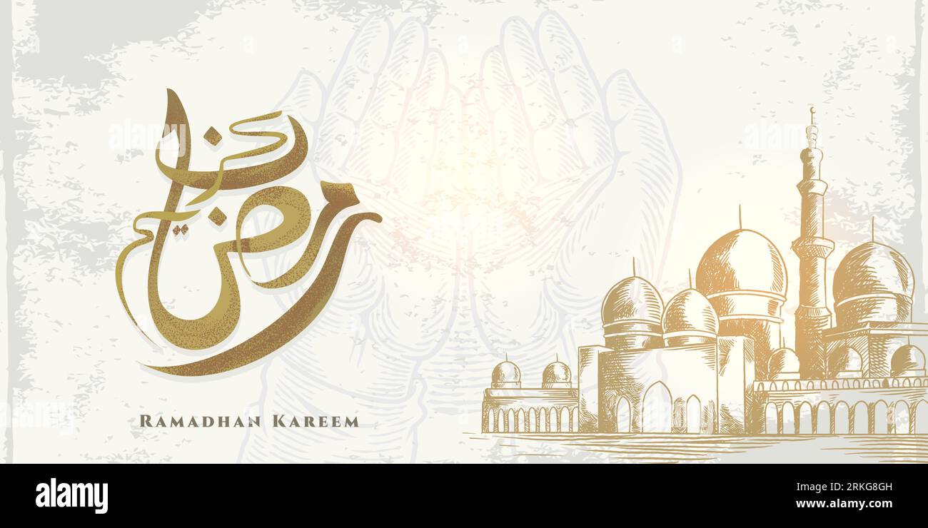 Ramadan Kareem greeting card with big mosque sketch and arabic ...