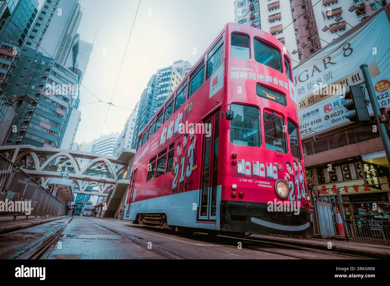 Double deck red bus in hongkong low angle view Stock Photo - Alamy