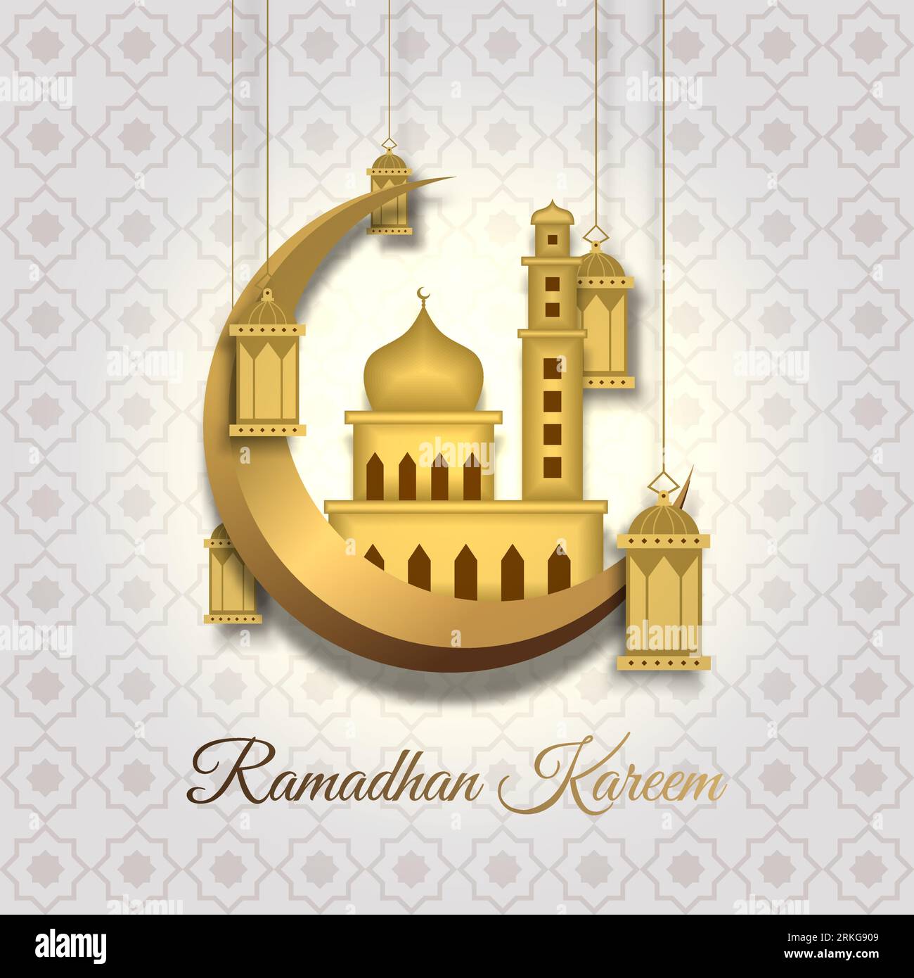 Ramadan Kareem greeting card with golden big mosque in golden crescent ...
