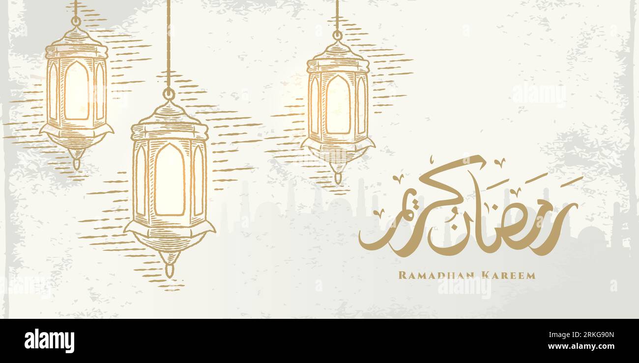 Ramadan Kareem greeting card with hanging golden lanterns sketch and ...