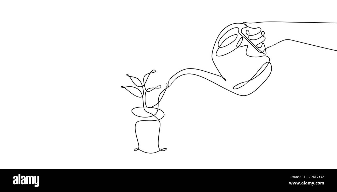 Continuous Line Drawing Watering Plants Isolated On White Background