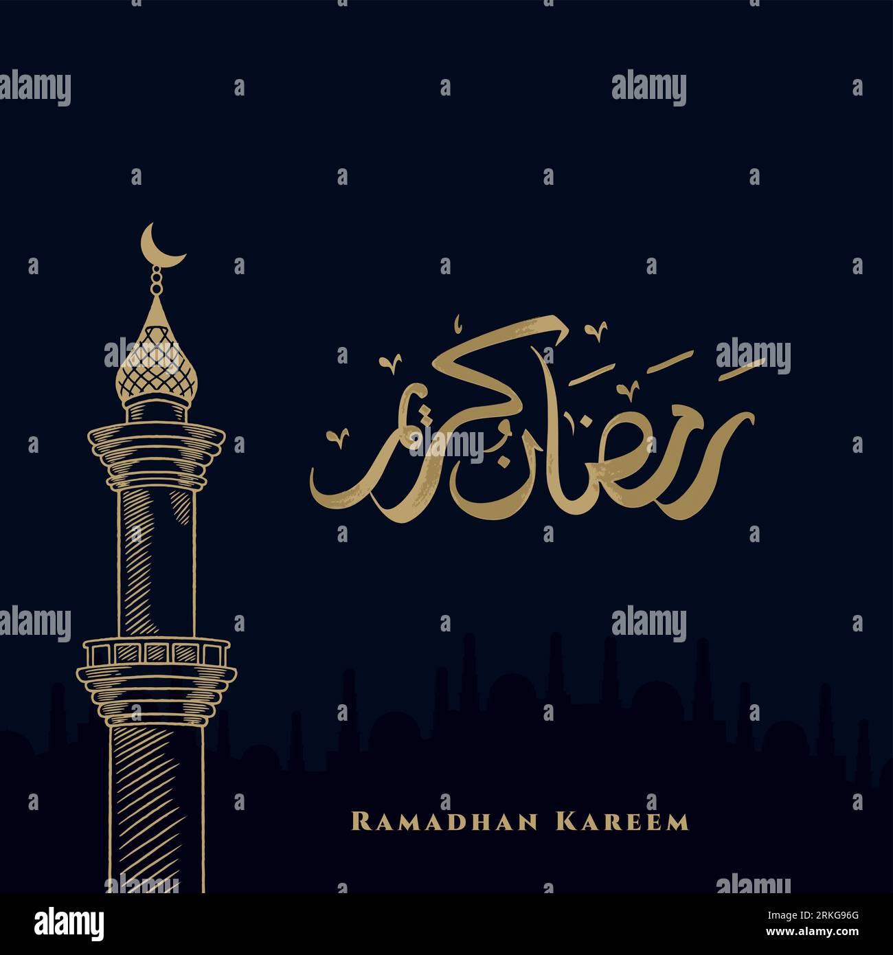 Ramadan Kareem greeting card with mosque tower sketch and arabic ...