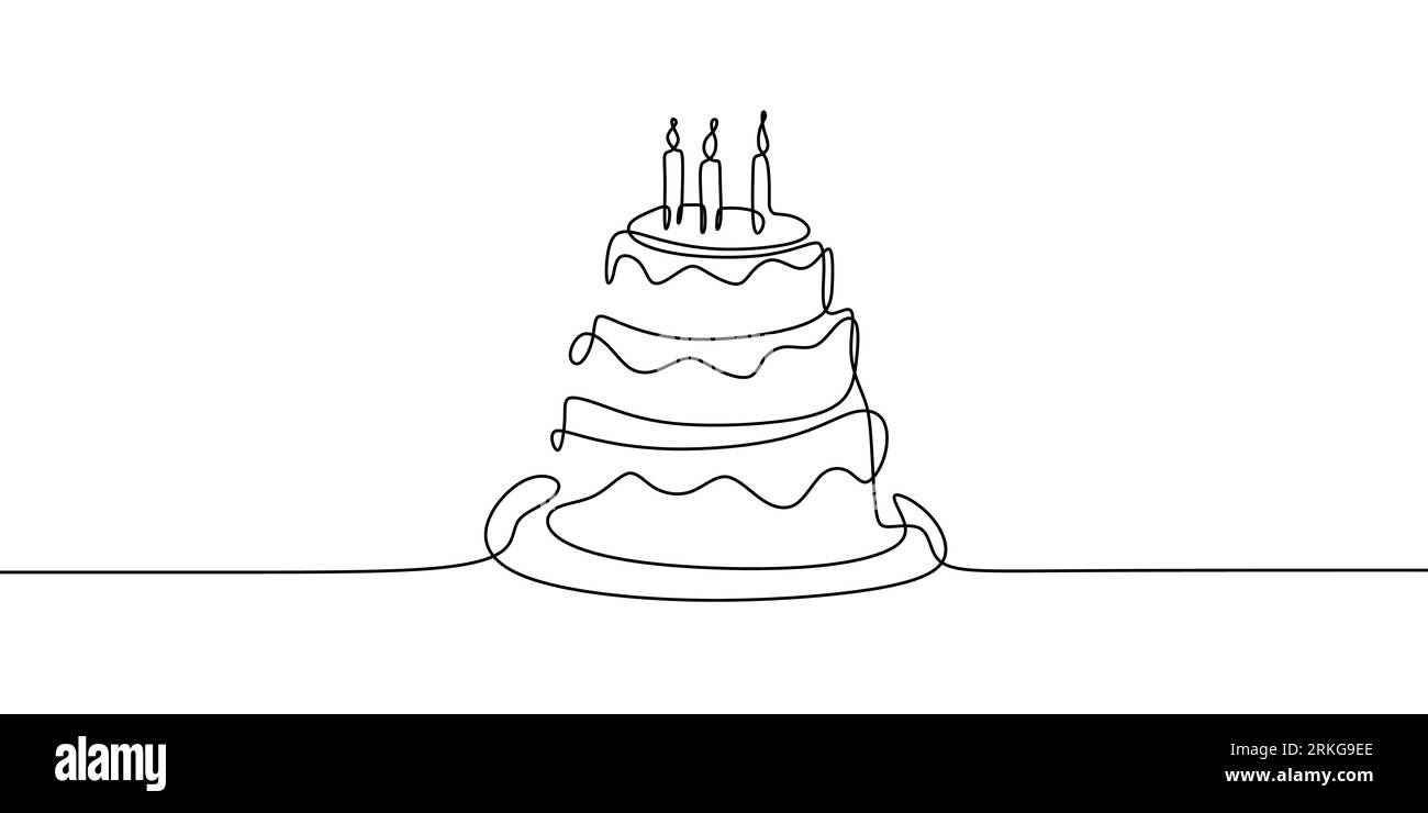 Continuous line drawing. Birthday cake with three candles. Symbol of ...