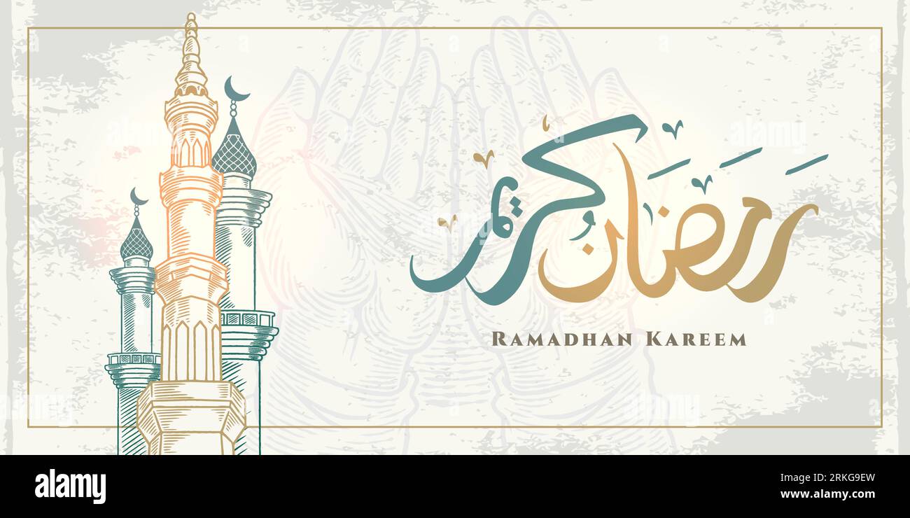 Ramadan Kareem greeting card with big mosque tower sketch and arabic ...