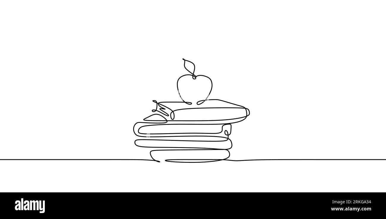 Continuous one line drawing of apple above books stack minimalist ...