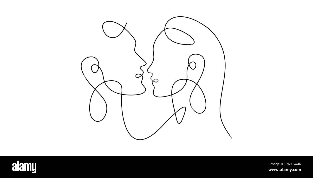 One continuous single drawn line art Kissing love, couple, kiss, man, woman, lover, face ...