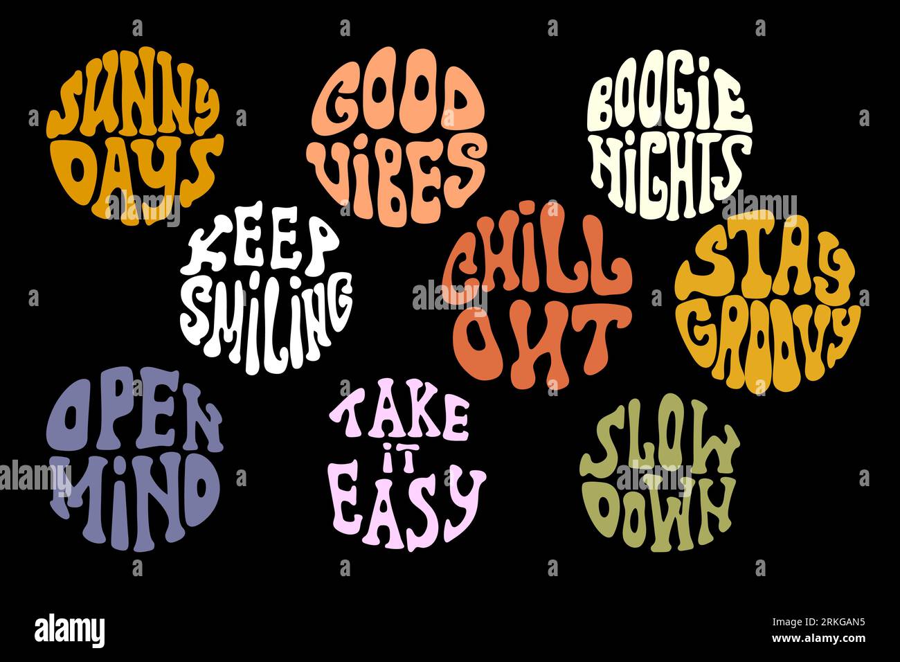 Set motivational slogan lettering in groovy style in a circle Stock ...