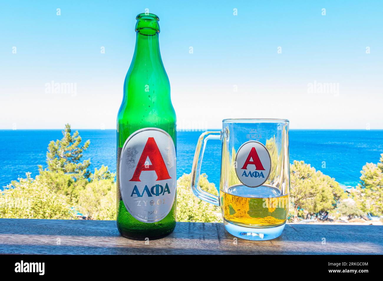 A, Alfa Beer, bottle, pint, half litre glass, Karpathos island, Greece ...