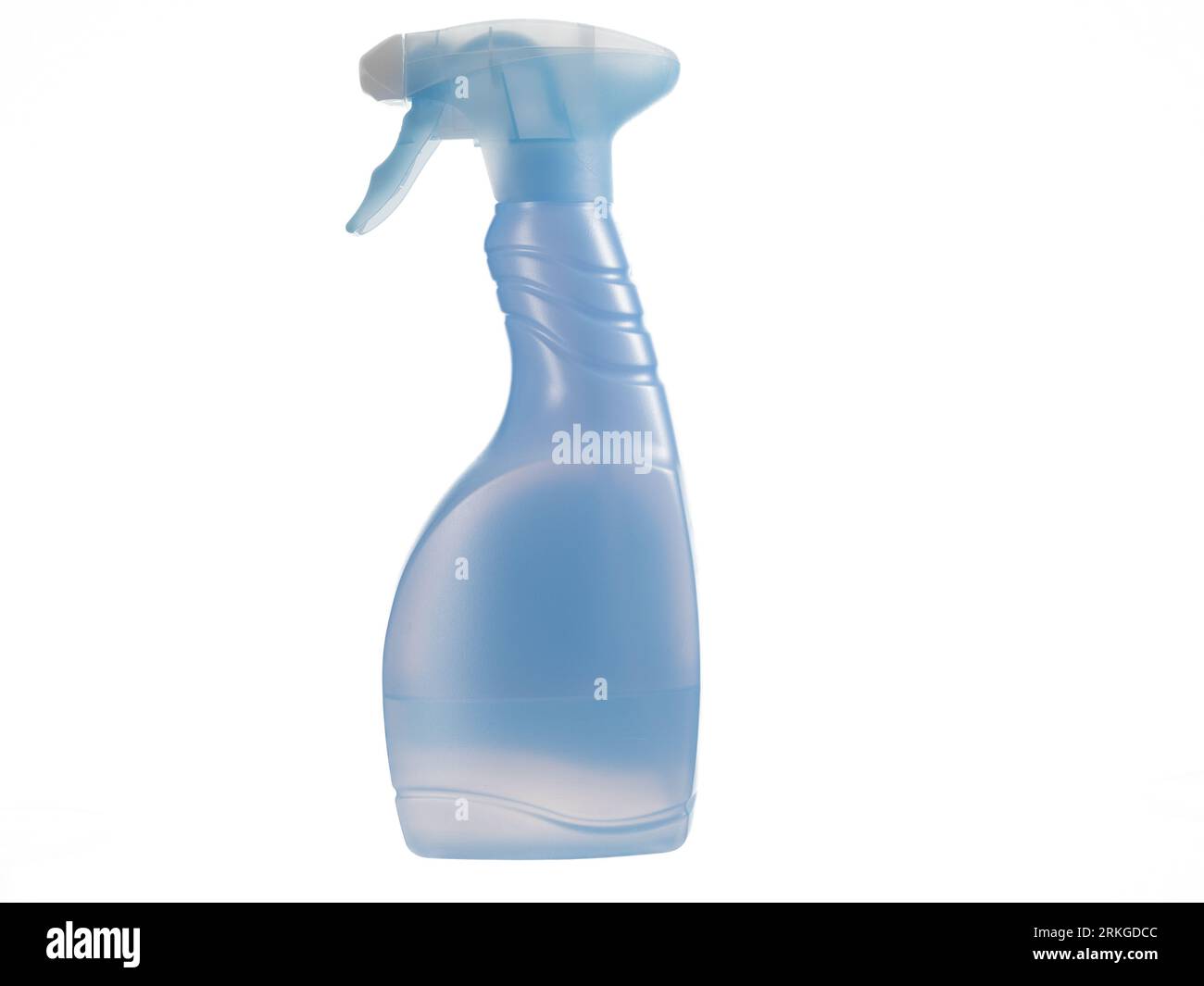A blue liquid bottle with a white handle and white plastic sprayer ...