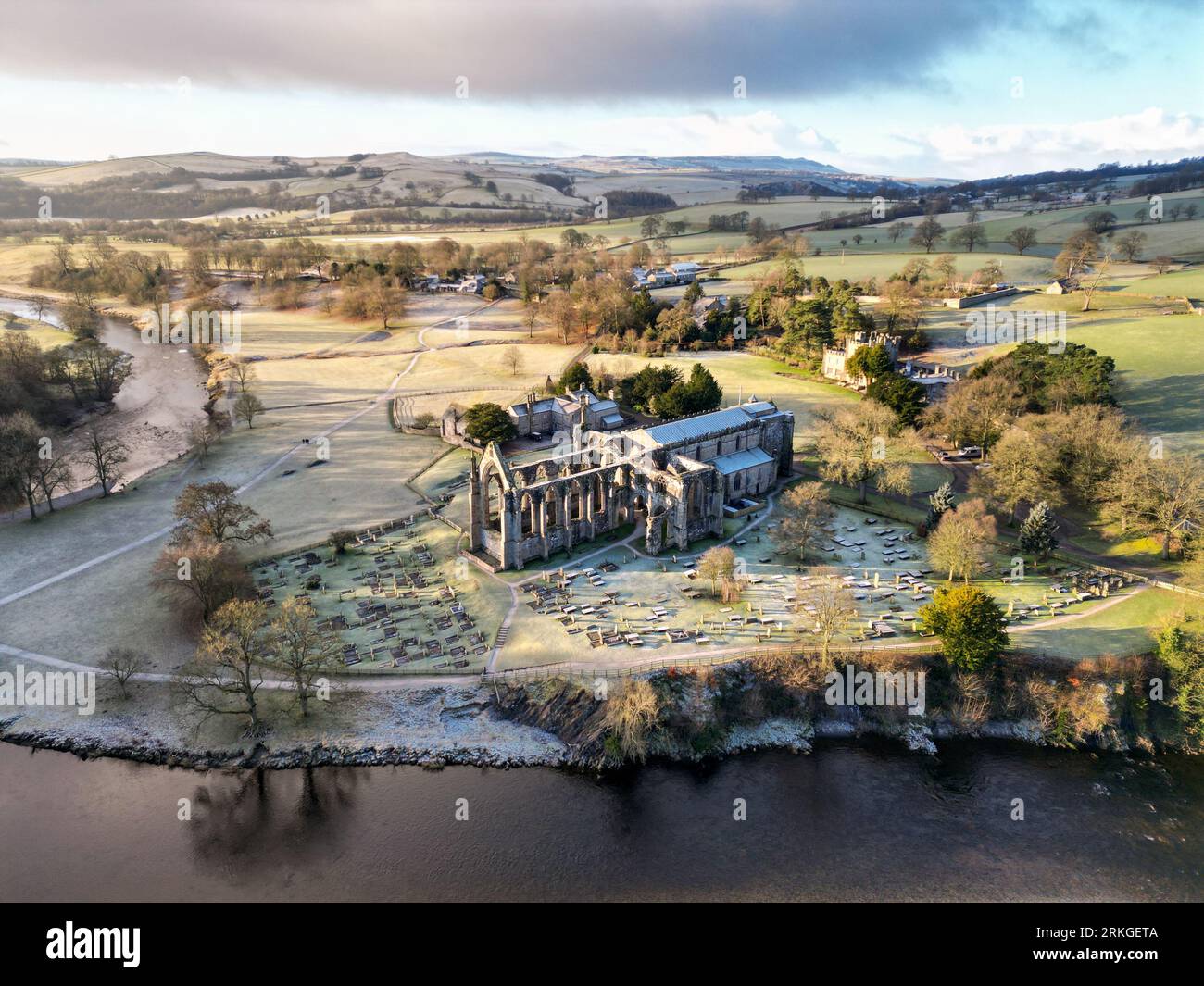 An aerial view of Bolton Abbey in the Yorkshire Dales of North ...