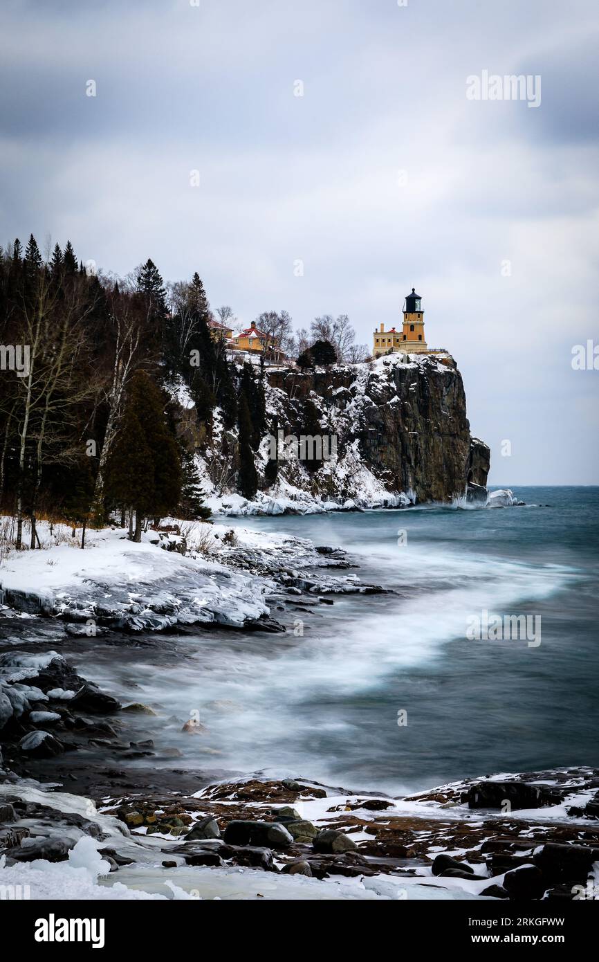 The Split Rock Lighthouse, atop a rocky cliff overlooking the ...