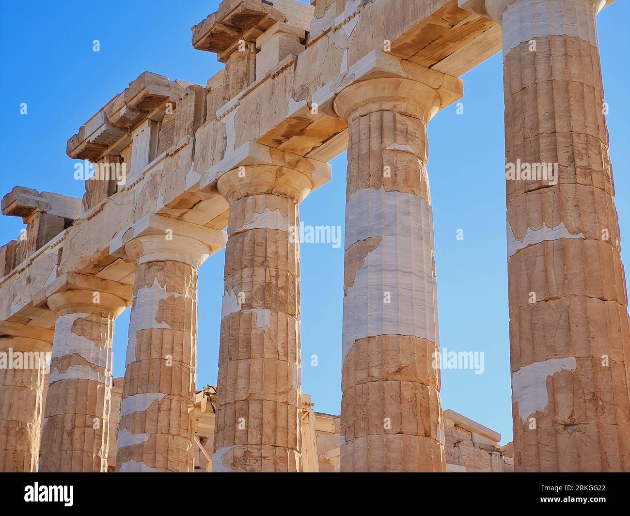 A close-up of the colonnade of the iconic Parthenon in the historic ...