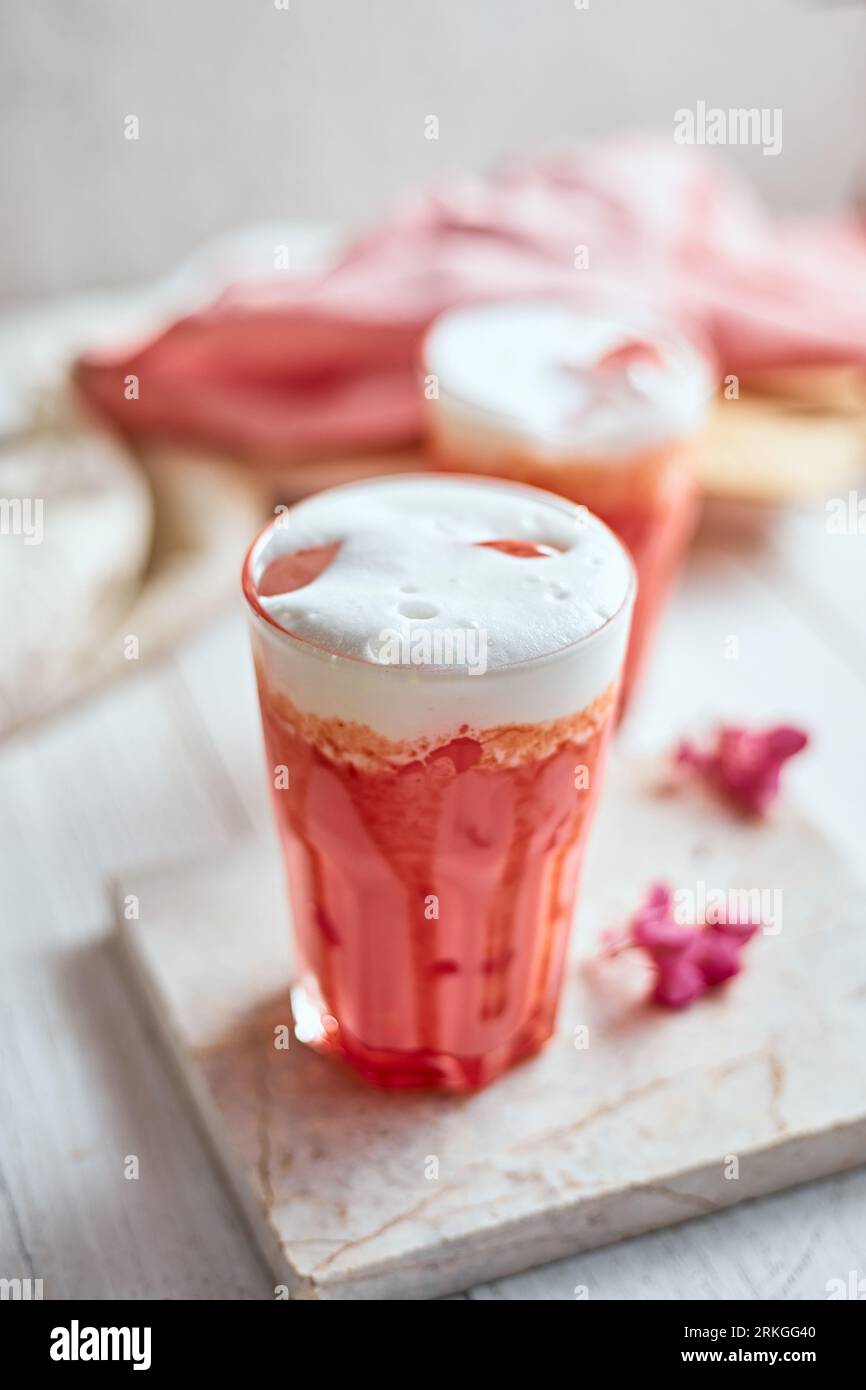 Thai style iced pink milk.Cold sweet drink Red Grenadien Sugar Syrup ...