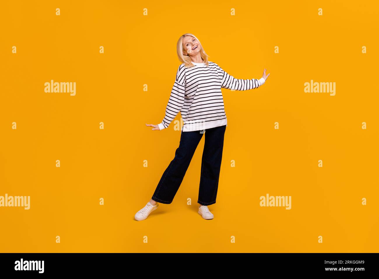 Full size photo of good mood mature lady dancing enjoy new look ...