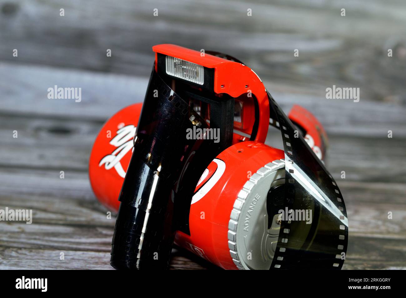 Giza, Egypt, August 19 2023: Coca-Cola reusable film camera, build in ...