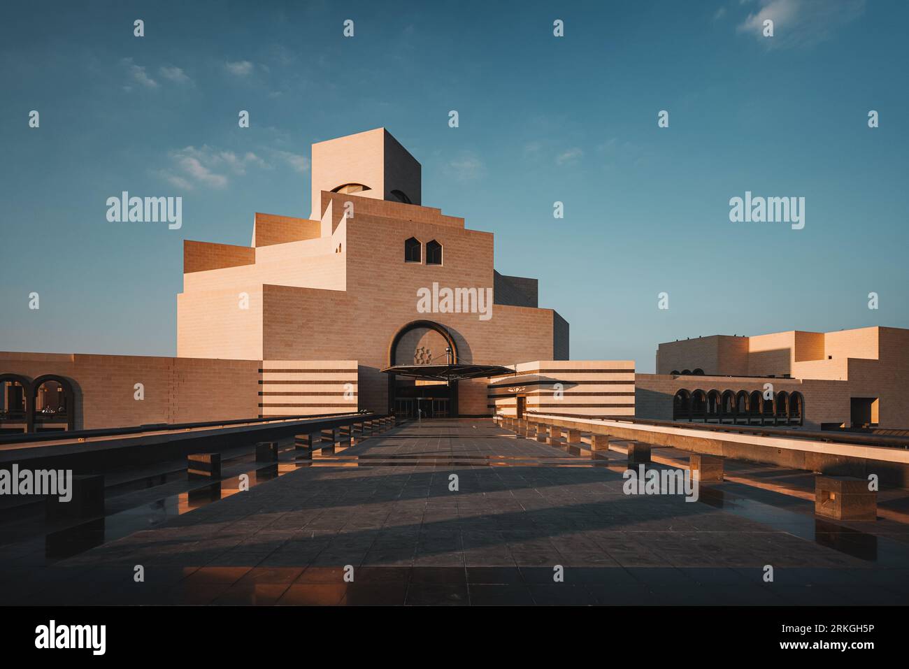A scenic view of the Museum of Islamic Art in Doha, Qatar at golden ...
