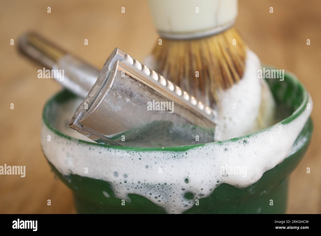 razor brush and shaving soap tools to shave at home Stock Photo - Alamy