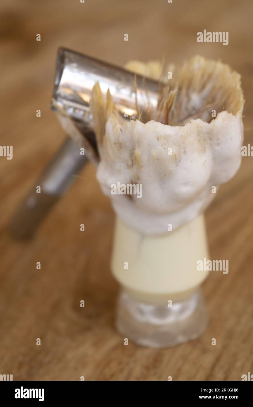 razor brush and shaving soap tools to shave at home Stock Photo - Alamy
