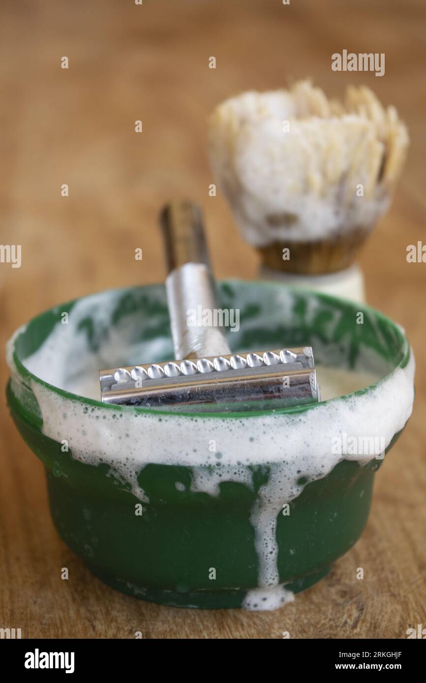 razor brush and shaving soap tools to shave at home Stock Photo - Alamy